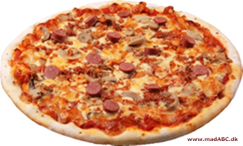 Pizza med tomater, kødfyld og ost